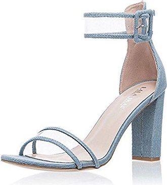 Minetom Femme Été Tendance Sandales Talons Hauts Chaussures Sandales Sexy Bout Ouvert Lanière Talon Bloc Haut Sandals Bleu EU 37