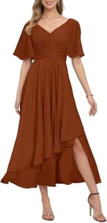 Generic Robe de mère de la mariée avec manches et col en V plissée en mousseline de soie pour invitée de mariage, orange brûlé, 54 Grande taille