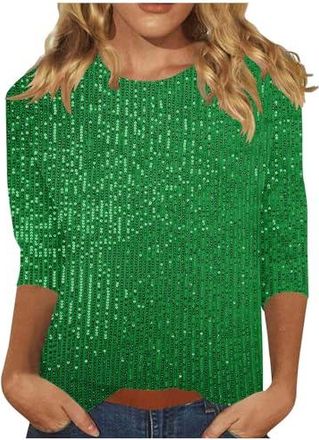 Generico Chemise &eacute;l&eacute;gante pour femme avec paillettes brillantes - Col rond avec fermeture &eacute;clair - Haut pour femme - Pour f&ecirc;te, printemps, vacances, f&ecirc;te, d&eacute;co