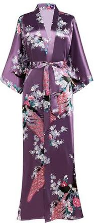 Babeyond Robe de chambre kimono en satin de soie pour femme - Motif paon - Longue robe de chambre - Pour fille - 135 cm de long, lilas, Einheitsgröße Große Grö