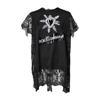 Dolce & Gabbana Femme, Tops, Noir, Taille: 36 FR Haut à col rond en dentelle Coeur Sacré