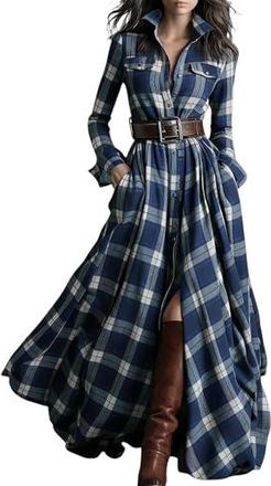 Generic Robe Chemisier &agrave; Carreaux pour Femme avec Poches, boutonni&egrave;re, Manches Longues, Robe Longue &eacute;cossaise, &eacute;l&eacute;gante pour Le Bureau, d&eacute;contract&eacute;e