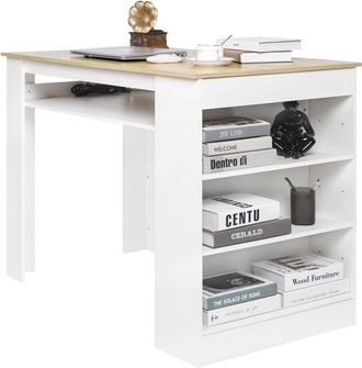 Eggree Chreibtisch mit 3 Verstellbarer Seitenablage Steckdosen, USB-Ladeanschluss, 110cm, Kompakt f&uuml;r Kleine R&auml;ume im Home Office-Eiche und Wei&szlig;