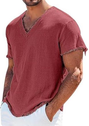 Generic T-shirts pour hommes col en V blanc, chemise en lin &agrave; manches courtes pour homme T-shirt &agrave; manches longues Hem ray&eacute;, chemise en lin pour les loisirs, 