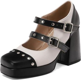 Generic Escarpins Mary Jane &agrave; talon haut &agrave; plateforme pour femme - Bout carr&eacute; clout&eacute; - Sangle de cheville, Noir, 40.5 EU