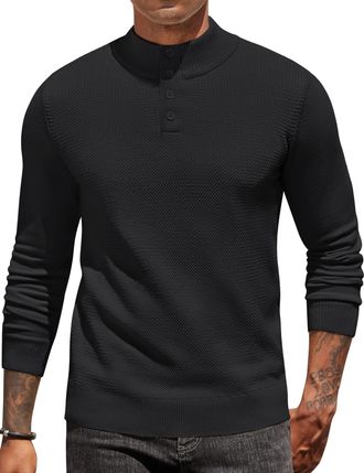 Coofandy Pullover Herren Henley Pullover Stehkragen Strickpullover Langarm Henley Shirt M&auml;nner Sweater mit Knopfleiste Schwarz 3XL