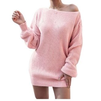 Generic Robe pull &agrave; manches longues et &eacute;paules d&eacute;nud&eacute;es pour femme, style d&eacute;contract&eacute;, &agrave; manches longues, en tricot &eacute;pais pour lautomne et lhiver, rose, 5XL