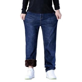 Generic Jean pour homme, coupe droite, doublure en polaire, pantalon en denim extensible, pantalon baggy vintage uni avec poches, jambe large, coupe ample, pa