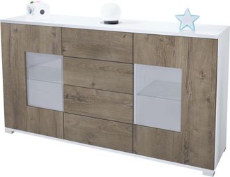 Vladon Sideboard Grömitz V1, Kommode mit 2 großen Türen und 4 Schubladen, Weiß matt/Eiche Ribbeck (138,5 x 75,5 x 35)
