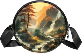 Generic Petit sac &agrave; bandouli&egrave;re rond pour femme, motif cerf, coucher de soleil et montagne, avec fermeture &eacute;clair, bretelles r&eacute;glables, sac &agrave; main rond d&eacute;cont