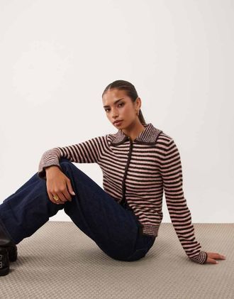 Nobody's Child Strick-Cardigan mit Reverskragen in Rosa und Braun gestreift-Multi