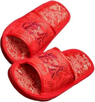 Beaupretty Pantoufles de Mariage Int&eacute;rieures Rouge Festif Antid&eacute;rapantes pour Couple Souliers Confortables et Durables pour Mari&eacute;e et Mari Semelle S&eacute;curis&eacute;e