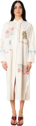 Max Mara Femme, Robes, Blanc, Taille: 38 FR Robe Chemise Longue Brod&eacute;e