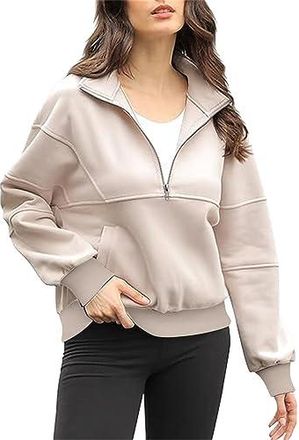 Generic Pull en polaire pour femme - Haut d&eacute;contract&eacute; - Demi-fermeture &eacute;clair - Sweat &agrave; capuche surdimensionn&eacute; &agrave; manches longues - Pull d&eacute;contract&eacute; avec poche