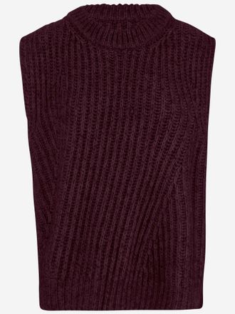 SA SU PHI Womens Sleeveless Ribbed Wool Blend Jumper Bordeaux Virgin Sweater
