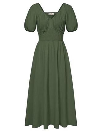 Grace Karin Robe &agrave; Manches Courtes de Lanterne Encolure en V Robe d&Eacute;t&eacute; Casual Forme Trap&egrave;ze &agrave; Taille Marqu&eacute;e XL Vert Olive