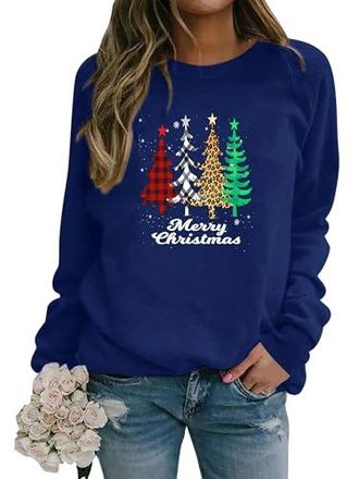 Dresswel Pull de No&euml;l pour femme avec inscription &laquo; Merry Christmas &raquo; - Imprim&eacute; sapin de No&euml;l - Pull &agrave; manches longues, 1-bleu., XXL