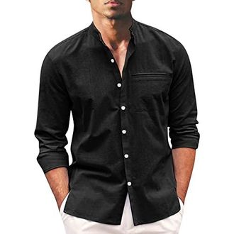 Generic Chemise de plage en lin blanc &agrave; manches longues pour homme - Chemise boutonn&eacute;e grande taille - Chemise blanche en coton pour homme - T-shirt en coton 