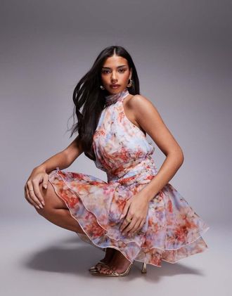 Asos Robe courte dos nu avec jupe en organza &agrave; imprim&eacute; fleurs-Multicolore