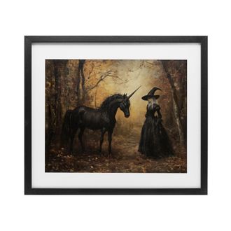 Stupell Industries Arlington Prints Gerahmter Druck mit Hexe und schwarzem Einhorn, Birke, 33 x 40 cm