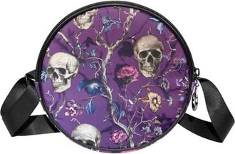 Generic Petit sac &agrave; bandouli&egrave;re circulaire pour femme, motif cr&acirc;nes, fleurs, petit sac &agrave; bandouli&egrave;re avec fermeture &eacute;clair, bretelles r&eacute;glables, sac &agrave; main ro