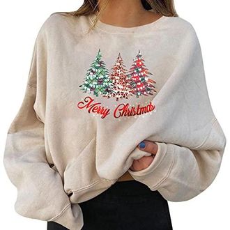 Generic Pull de No&euml;l &agrave; manches longues et col rond pour femme Imprim&eacute; graphique, beige, L