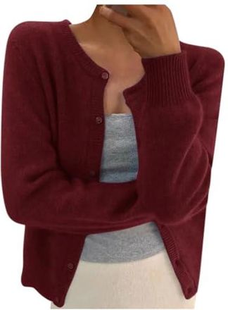 Minetom Femme Cardigan El&eacute;gant Manches Longues Tricot&eacute; Gilet Automne Hiver Chaud Pull Veste Courte avec Boutons Chic Manteau Tops A Vin Rouge M