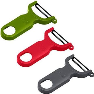 Kuhn Rikon Sparschäler Peeler 3er-Set, Grün, Grau und Rot, Klinge aus Karbonstahl