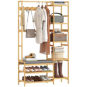 HOMCOM Garderobenst&auml;nder, Kleiderst&auml;nder mit 10 Haken, Gepolstert Schuhbank mit 2 Ablagen, Kleiderstange, 5 Offenen F&auml;chern f&uuml;r Flur, Schlafzimmer, Wohnzimme