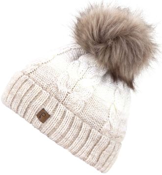 Faera Winterm&uuml;tze M&uuml;tze Damen warm gef&uuml;ttert mit Kunstfell Bommel-M&uuml;tze Fleecefutter Winter Strickm&uuml;tze Beanie, Farbe:Beige