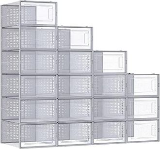 Songmics Schuhboxen, 18er Set, Schuh-Organizer aus Kunststoff, faltbar und stapelbar, für Schuhe bis Größe 44, transparent-grau LSP006G18