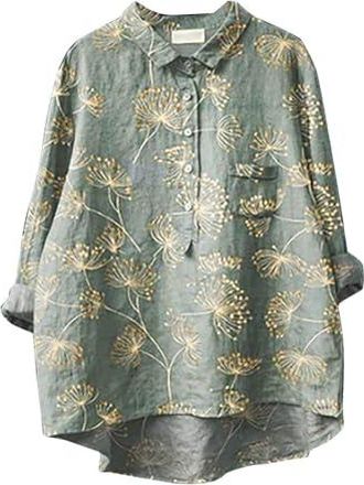 Generic Chemisier Femmes Coton Et Lin Chic D&eacute;contract&eacute; Chemises D&eacute;t&eacute; &Agrave; Manches Longues Col V L&acirc;che Tops L&eacute;ger Respirant Tunic Mode Coton Et Lin Chic Et Elegan