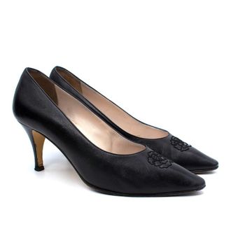 Chanel Black Leather Camellia Embroidered Vintage Pumps Size 38