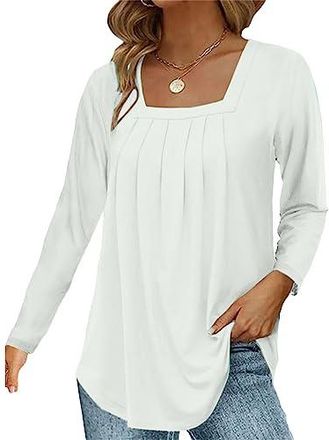 TOMWELL Chemise Femme Élégant Automne Blouse Découpes Col Carré Manches Longues Casual T-Shirt Mode Plissé Shirt Blouse Couleur Unie Ample Casual Hauts A Blan