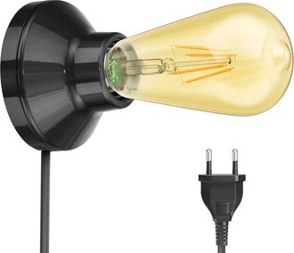 LEDs Com E27 Porzellan Lampen-Fassung Elektra, rund, Stecker, Schalter, schwarz, inkl. E27 Lampe Vintage Retro gold extra-warmweiß 489lm