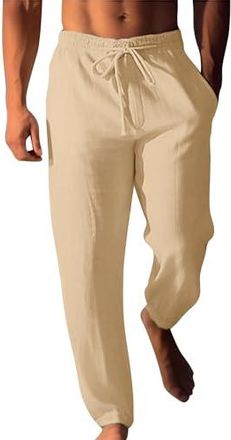 Generic Pantalon en lin pour homme - Jambe droite - Pantalon de plage l&eacute;ger - Pantalon de jogging pour homme - Pantalon de golf d&eacute;contract&eacute; avec cordon de ser