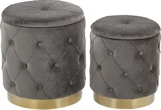 Beliani Beliani - Lot de 2 poufs coffres en velours gris capitonn&eacute; - Base en acier dor&eacute; - Rangement fonctionnel - Dimensions 40x40 cm - Style glamour vintage