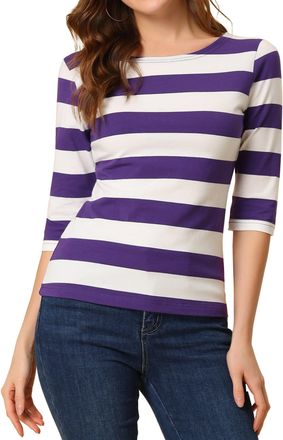 Allegra K Damen Gestreiftes Shirt U Boot Ausschnitt Halbarm Party Ferien Streifen Top Bluse Lila Wei&szlig; L