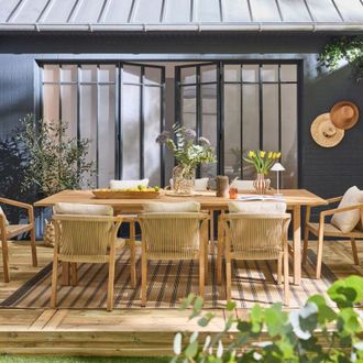 Sweeek Table de jardin bois deucalyptus et cordes 8 fauteuils beige