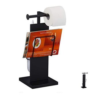 Relaxdays WC Garnitur, mit Klobürste, Klorollenhalter, Zeitungshalter, stehend, Metall, HBT 48,5 x 25,5 x 20 cm, schwarz, M