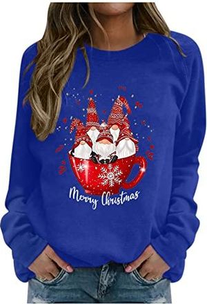 Generic Pull de Noël amusant pour femme avec motif Père Noël - T-shirt de Noël pour femme - Manches longues - Décontracté - Mode - Sans capuche, bleu, M