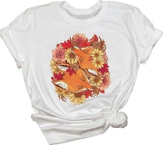 Keephen Kawaii Renard Animaux T-Shirt Femmes Animal Renard Amoureux Impression 3D Manches Courtes Tops Nature For&ecirc;t Vie Sauvage Col Rond Blouse Tees