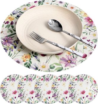 BESPORTBLE DECORNIJIA 6 St&uuml;ck Teiliges Rundes Leinen tischset mit Blumenmuster Abwaschbare Platzsets Hitzebest&auml;ndig rutschfest Dekorative Tischmatten f&uuml;r K&uuml;che E