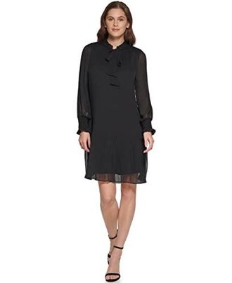 DKNY Long Sleeve Tie Neck Pleated Shift Dress Robe, Noir, 42 Femme