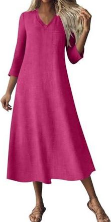 Generic Robe longue en lin pour femme - Col en V - Manches 3/4 - Solide - Longue robe d&eacute;t&eacute; - Tenue de vacances pour la plage et les voyages, rose, XXL