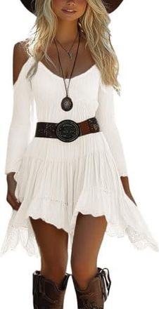 ORANDESIGNE Robes Western Cowgirl Femme Robe Dété Sexy Col V Manches Lanternes Boho Chic Mini Robe B Blanc M