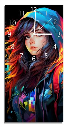 Wallario Design-Wanduhr, Acrylglasuhr Größe 30 x 60 cm, weiße Zeiger, Motiv Cyberpunk-Mädchen