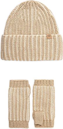 UGG Geripptes Beanie-Set mit Logo-Patch - Nude