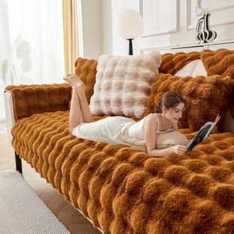 Generic Kaninchen Plüsch Sofabezug L Form 1/2/3/4 Sitzer Sofa Überzug Superweiche SofaÜberwurf aus Kunstpelz Ecksofa U Form, Universelle rutschfeste Sofaschon