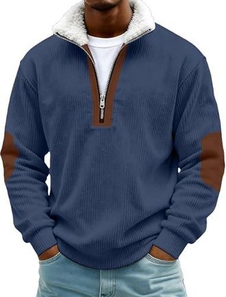 Generic Pull à col roulé en polaire à demi-fermeture éclair pour homme, pull tricoté à col montant, grande taille, sweatshirts à manches longues en velours cô